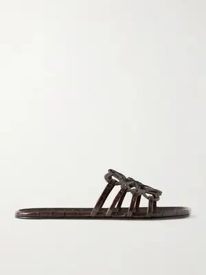 Loewe Petal Anagram Croc-effect Leather Slides - Brown