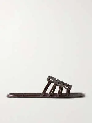 Loewe Petal Anagram Croc-effect Leather Slides - Chocolate