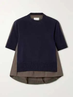 Sacai Layered Shell-trimmed Cotton And Cashmere-blend Sweater