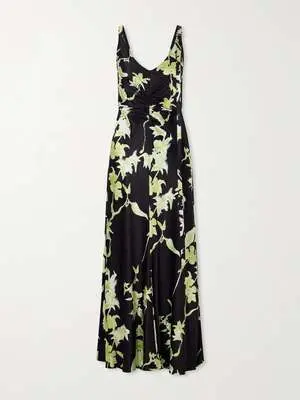 Sportmax Balia Gathered Printed Satin Maxi Dress - Black