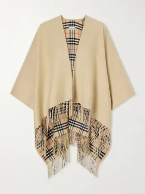 Burberry Reversible Fringed Check Wool Cape - Sand
