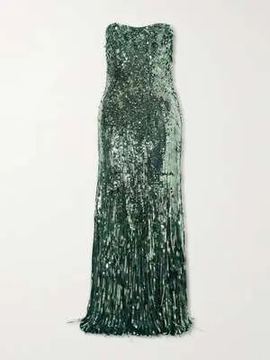 Jenny Packham Kimi Frayed Sequined Tulle Gown - Green
