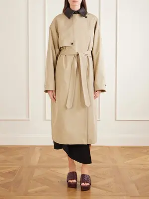Bottega Veneta Belted Cotton Trench Coat With Intrecciato Leather Trim - Neutrals