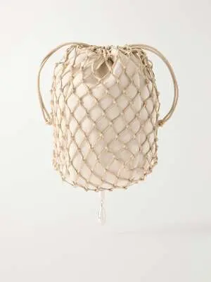 Savette Macrame Bead-embellished Canvas-trimmed Leather Clutch - Beige