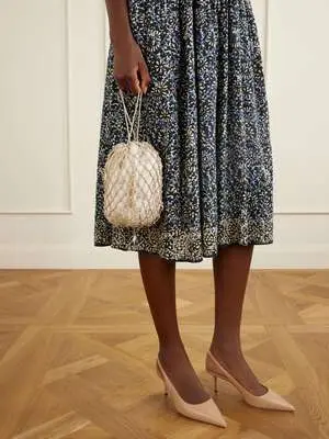 Savette Macrame Bead-embellished Canvas-trimmed Leather Clutch