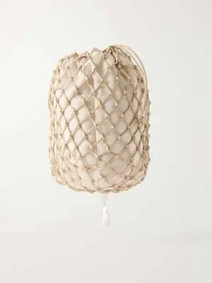 Savette Macrame Bead-embellished Canvas-trimmed Leather Clutch