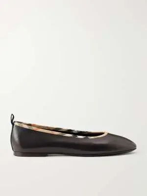 Burberry Check-trimmed Leather Ballet Flats - Black