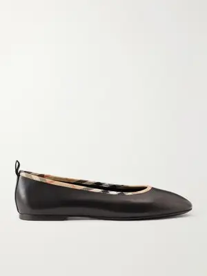 Burberry Check-trimmed Leather Ballet Flats - Black