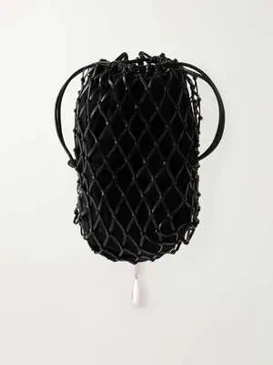 Savette Macrame Bead-embellished Suede-trimmed Leather Pouch - Black