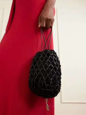 Savette Macrame Bead-embellished Suede-trimmed Leather Pouch