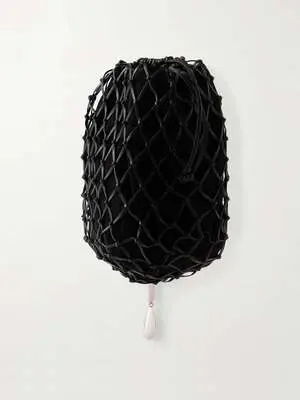 Savette Macrame Bead-embellished Suede-trimmed Leather Pouch