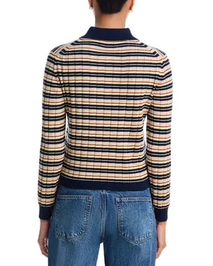 Guest In Residence Silk & Linen Striped Quarter Zip Polo Sweater