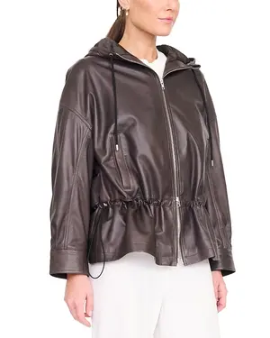 Staud Leather Hooded Jacket With Drawstring Waist - Earth