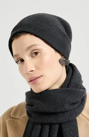 Brunello Cucinelli Cashmere English Rib Knit Beanie - Lignite Grey