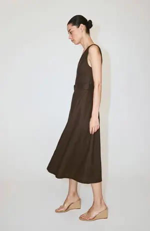 Mango Belted Linen Midi Dress - Chocolate
