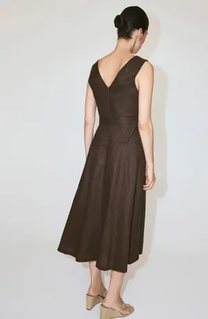Mango Belted Linen Midi Dress - Chocolate