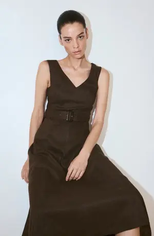 Mango Belted Linen Midi Dress - Chocolate