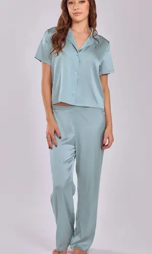 ICOLLECTION Stretch Satin Pajama Set With Button-down Top - Sage