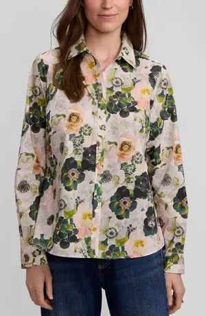 Foxcroft Hampton Bouquet Print Cotton Button-up Shirt - Green/white Multi