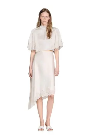 Sandro Asymmetrical Satin Skirt With Lace - Ecru