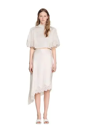 Sandro Asymmetrical Satin Skirt With Lace - Ecru