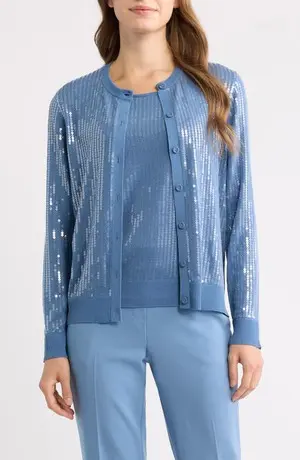 Anne Klein Metallic Stripe Crewneck Cardigan - Dutch Blue