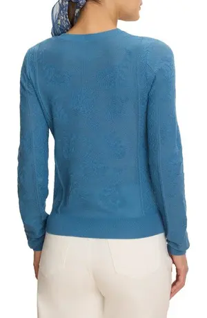 NIC+ZOE Floral Jacquard Lace Inset Pointelle Sweater - Blue Chill