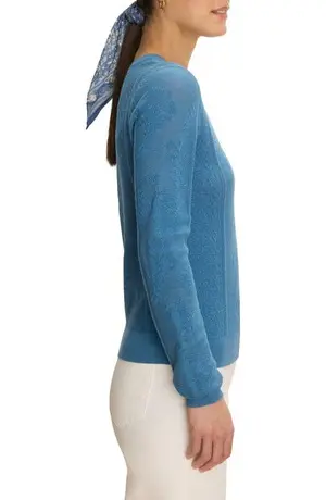 NIC+ZOE Floral Jacquard Lace Inset Pointelle Sweater - Blue Chill