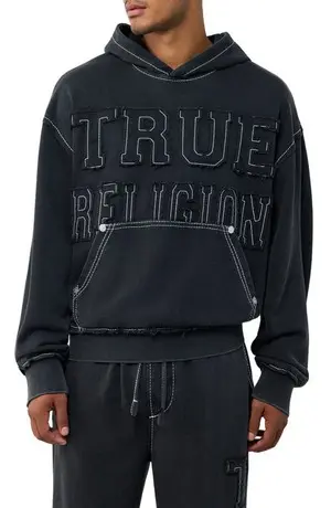 True Religion Big T Appliqué Boxy Hoodie - Jet Black