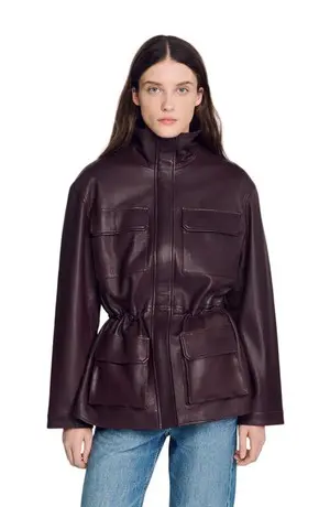 Sandro Oversized Leather Collar Jacket - Bordeaux