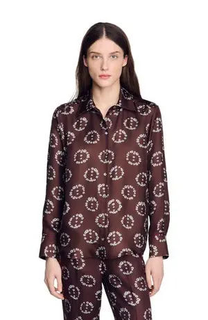 Sandro Floral Print Silk Shirt - Brown