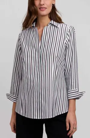 Foxcroft Taylor Stripe Cotton Button-up Shirt - Olive Green/multi