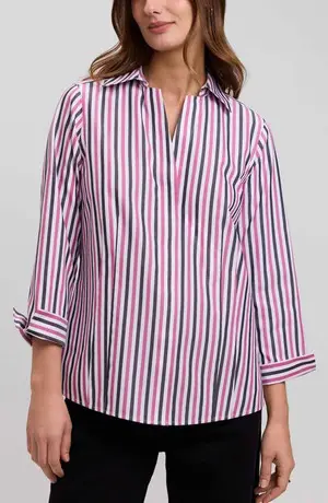 Foxcroft Taylor Stripe Cotton Button-up Shirt - Pomegranate Pink/multi