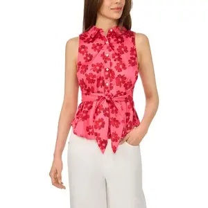 CECE DUPRAZ Floral Tie Waist Sleeveless Stretch Cotton Shirt - Classic Cherry