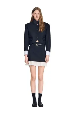 Sandro Short Striped Ruffled Skirt With Buckle Belt - Black