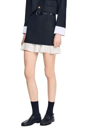 Sandro Short Striped Ruffled Skirt With Buckle Belt