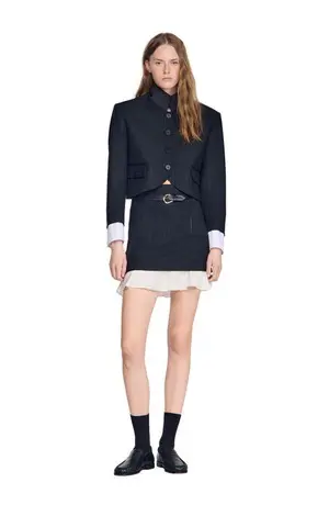 Sandro Short Striped Ruffled Skirt With Buckle Belt - Black