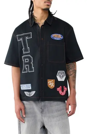 True Religion Patchwork Short Sleeve Cotton Button-up Shirt - Black