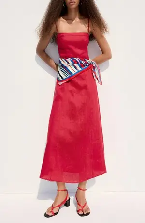 Mango A-line Linen Spaghetti Strap Dress - Red