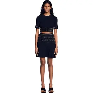 Sandro Short Knit Skirt With Tassels And Pleats - Black