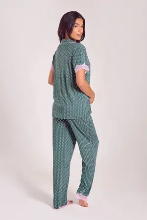 ICOLLECTION Viscose Lace-trim Pajama Set With Cropped Pants