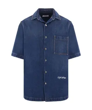 Off-White Logo Embroidered Short-sleeved Denim Shirt - Blue