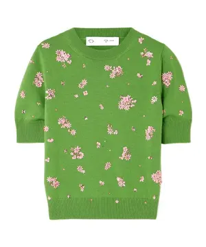 Oscar De La Renta Floral Crystal And Sequin-embellished Wool Sweater - Green