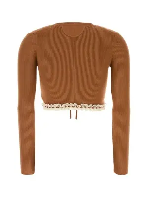 Chloé Lace-trimmed Cropped Knitted Sweater - Cognac Brown