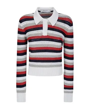 GOLDEN GOOSE Striped Crochet-knit Polo Top - Gray