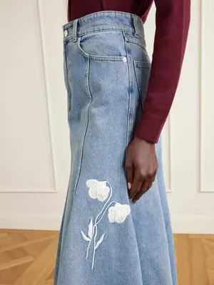 Erdem Embroidered Denim Midi Skirt - No