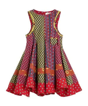 Celine Patchwork Dress In Printed Silk Twill - Red/blue/black