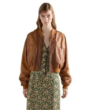 Prada Cropped Nappa Leather Bomber Jacket - Light Tan