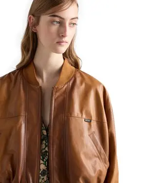 Prada Cropped Nappa Leather Bomber Jacket - Light Tan