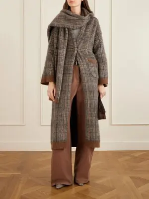 Brunello Cucinelli Belted Checked Wool-blend Coat With Integrated Scarf